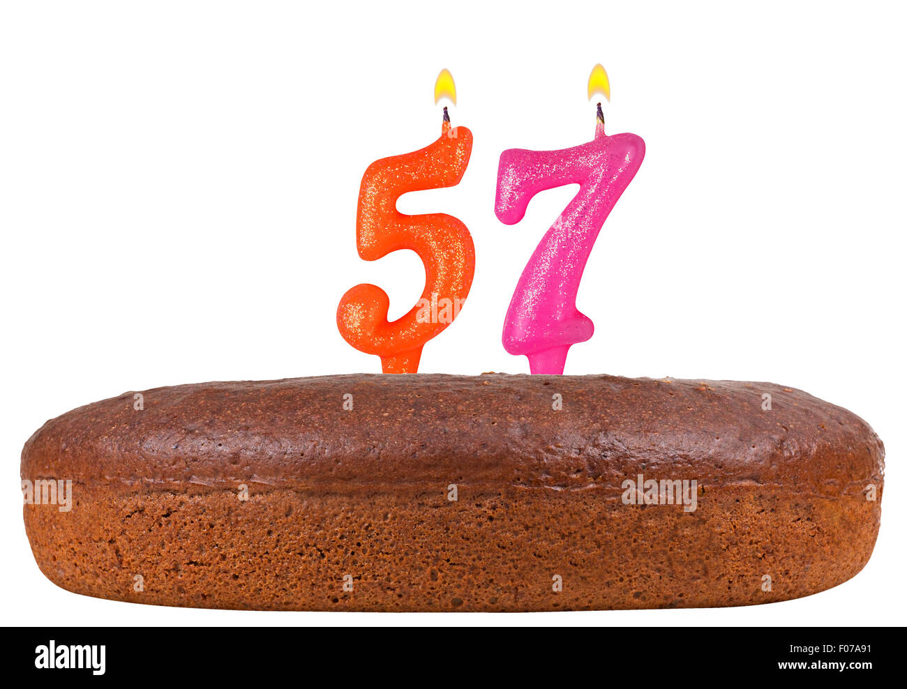 birthday cake with candles number 57 isolated on white background Stock ...