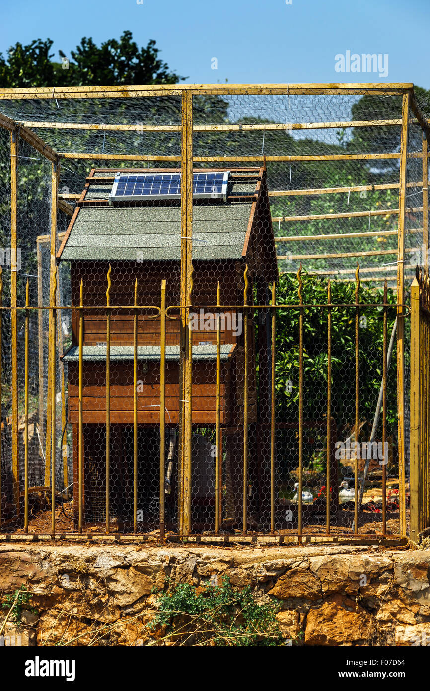 Solar-cell on the roof of chicken house, energy saving, France Stock ...