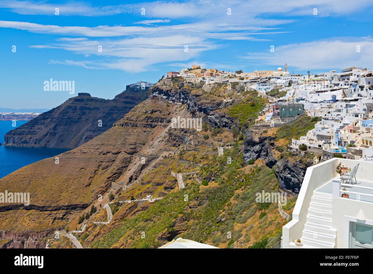 Greece, Santorini, Fira town. Morning view of the building and the Bay ...