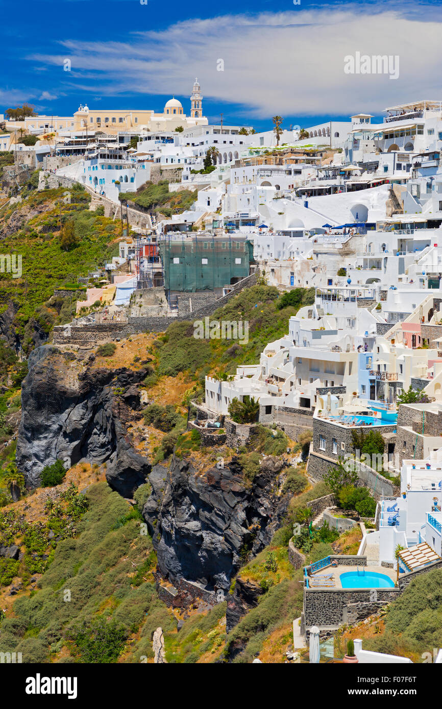 Greece, Santorini, Fira town. Morning view of the building and the Bay ...