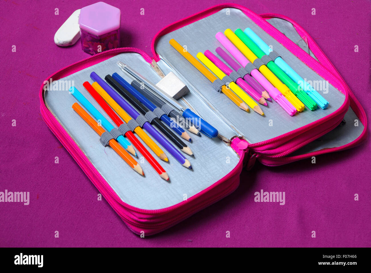 School pencil case with markers and colored pencils Stock Photo - Alamy