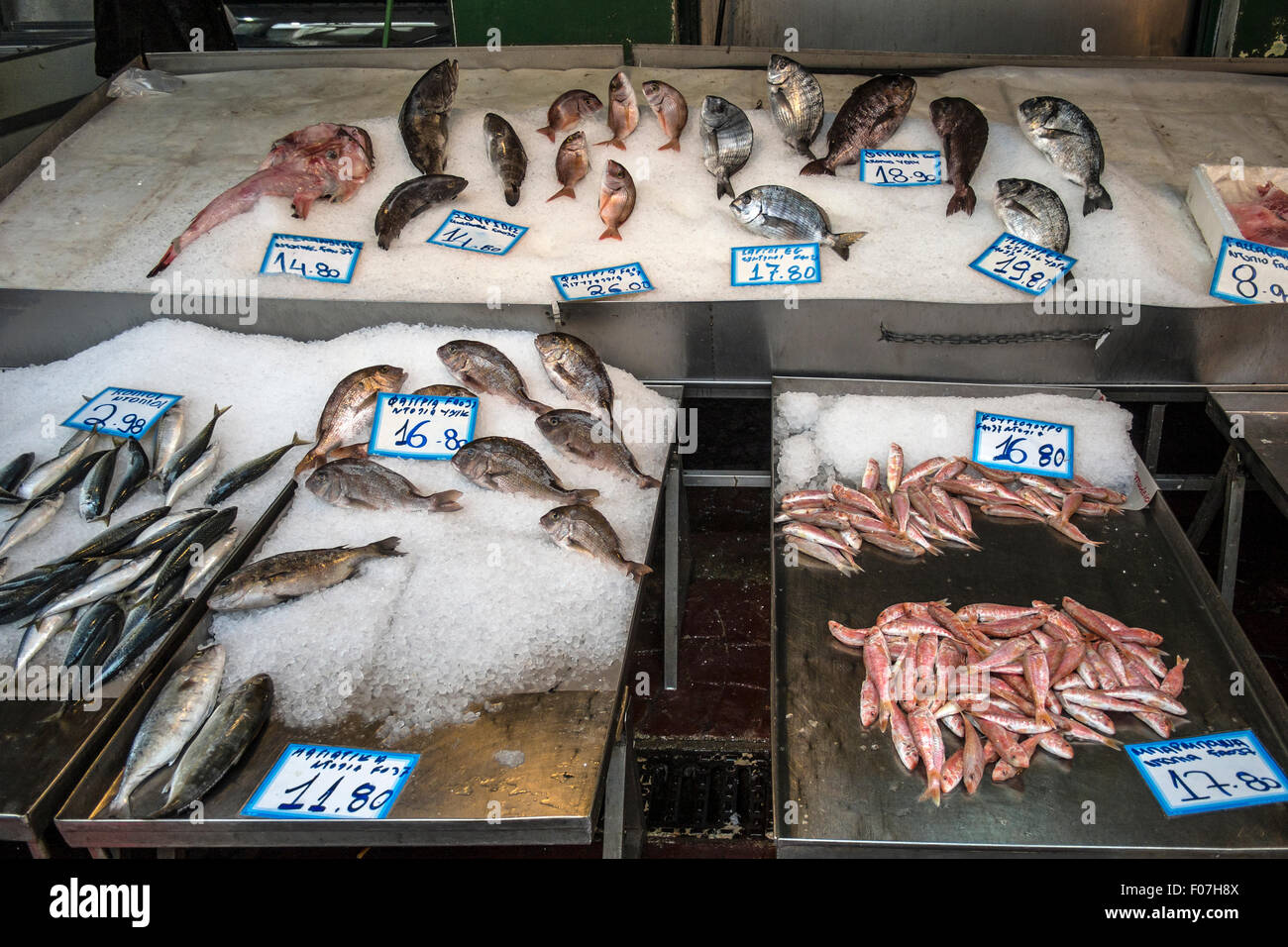 ATHENS, GREECE - MARCH 26, 2015: Fresh fish on sale in the Market at ...