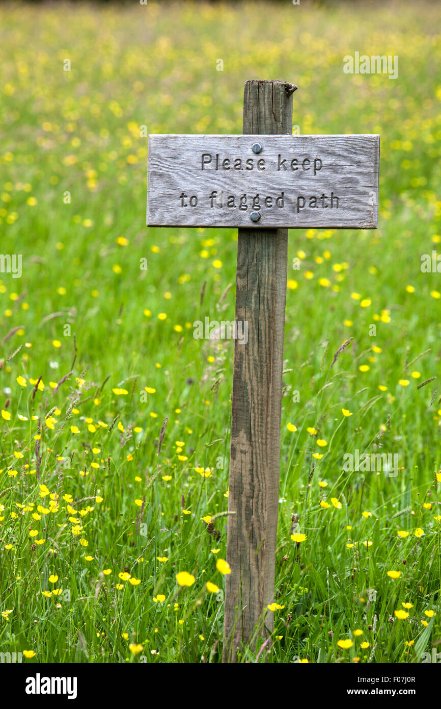 Keep to the path sign in wildflower meadow, Yorkshire Dales National ...
