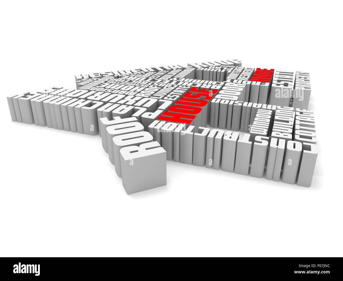 3d group of words shaping a house with red white text aerial low side ...