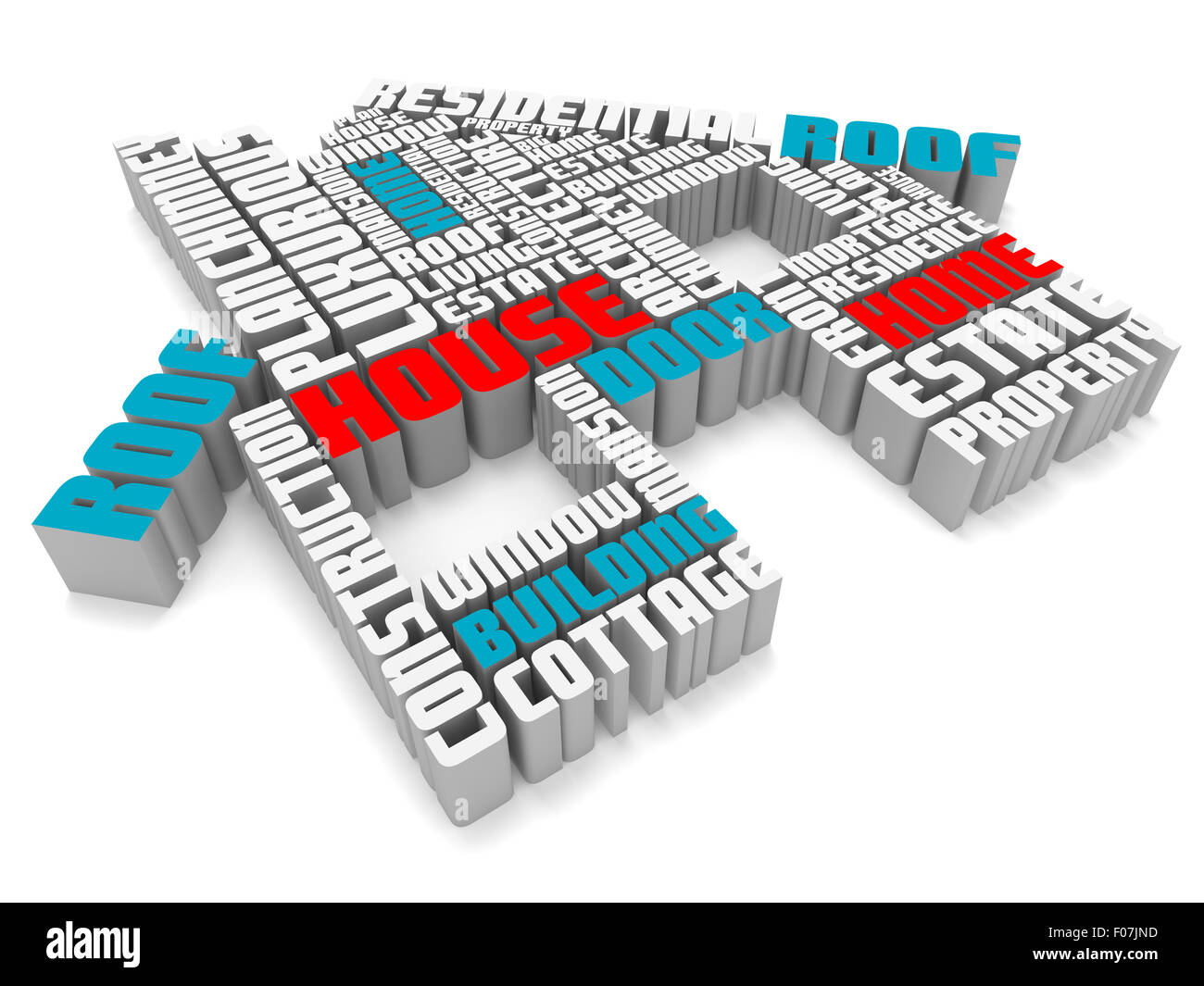 3d group of words shaping a house with blue red white text aerial side ...