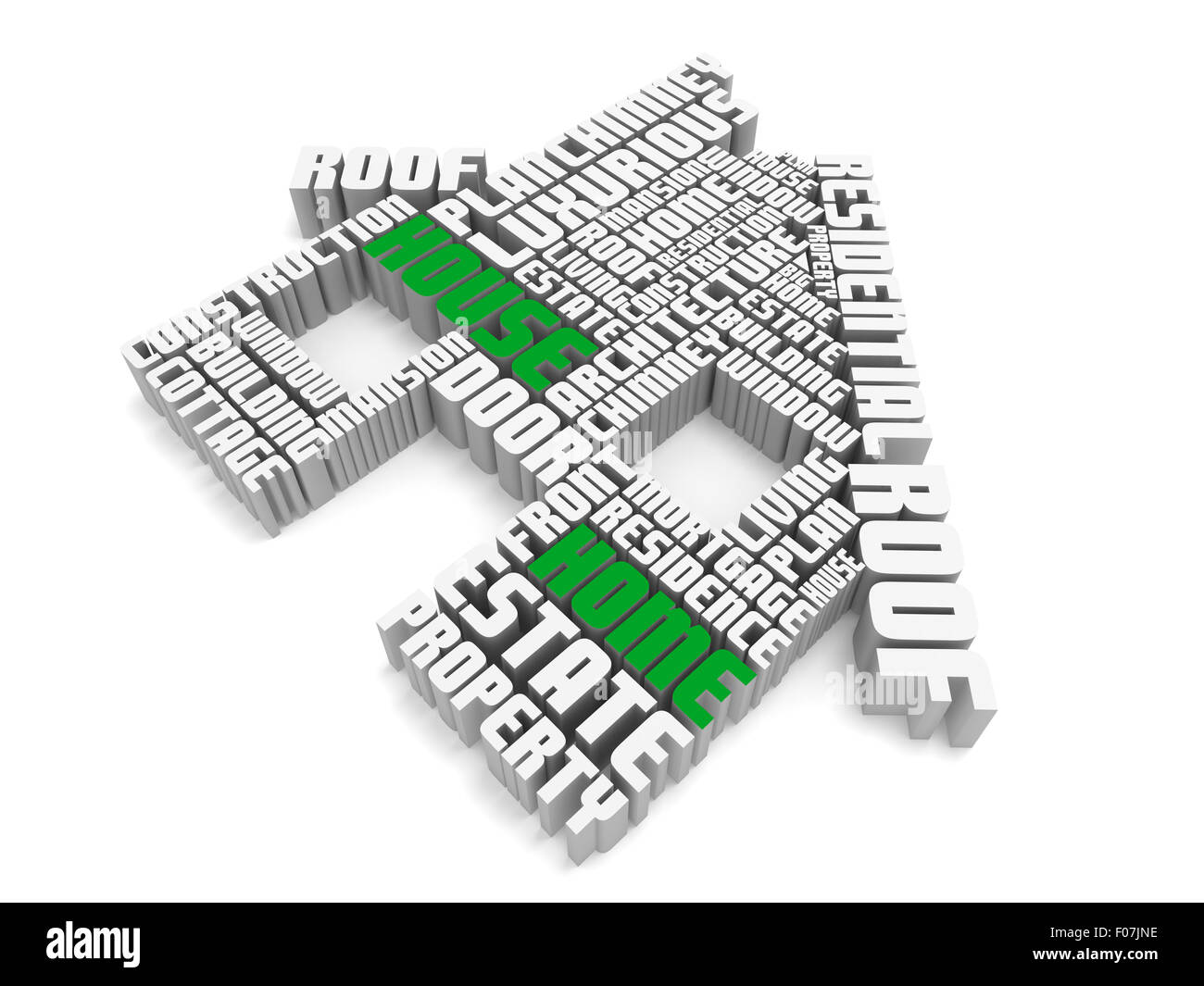 3d group of words shaping a house with green white text aerial top side ...