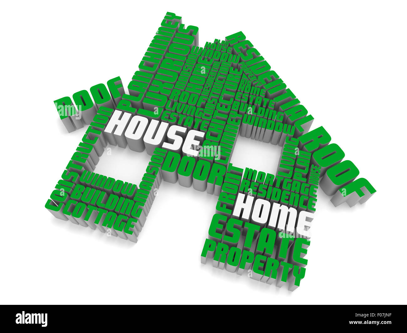3d group of words shaping a house with green white text aerial top ...