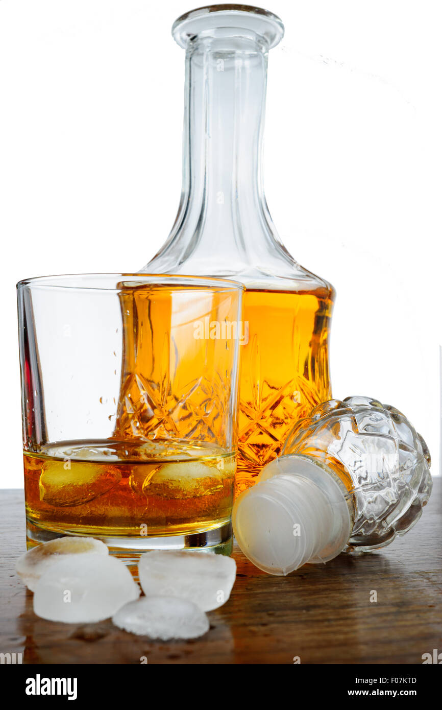 Whiskey, scotch barboun, irish whiskey in a bottle whit glass and ice ...