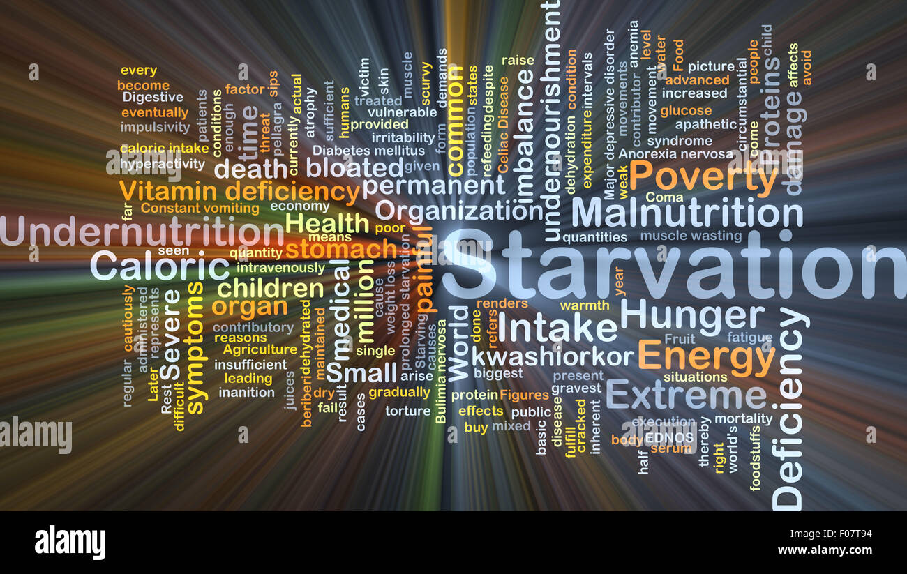 Background concept wordcloud illustration of starvation glowing light ...