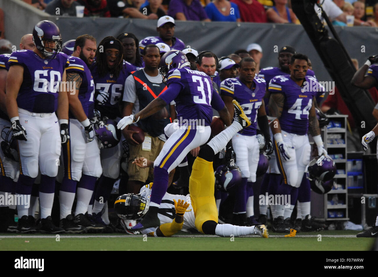 Canton, Ohio. 9th Aug, 2015. Jerick McKinnon #31, and Antwon Blake #41 ...