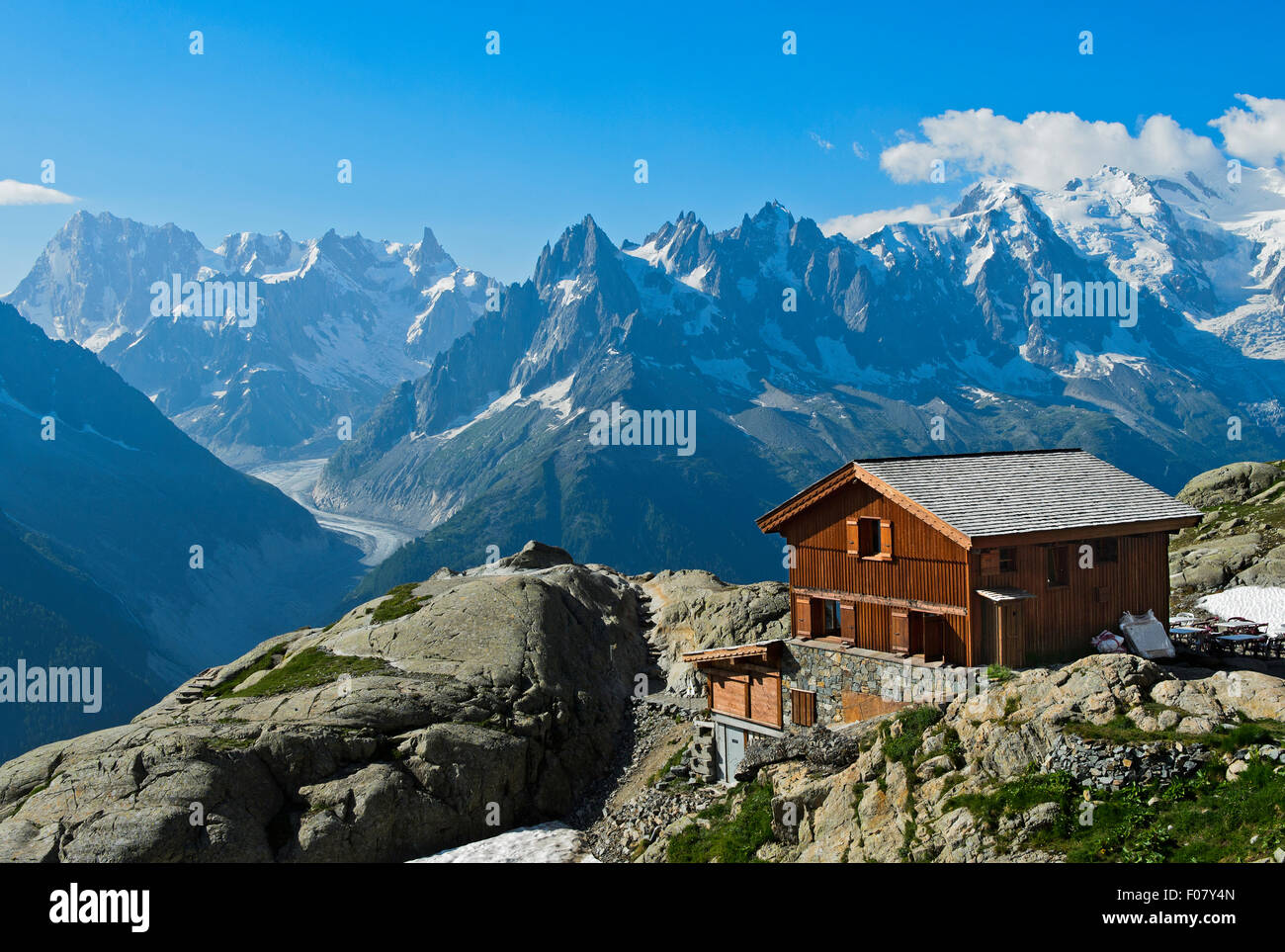 Mountain hut Refuge du Lac Blanc, view towards glacier Mer de Glac and ...