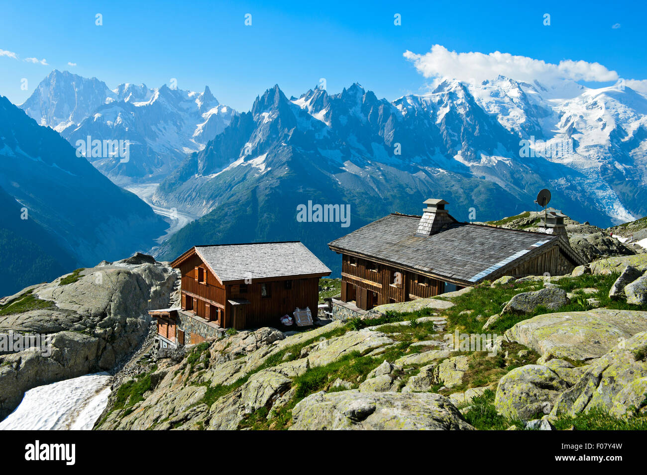 Mountain hut Refuge du Lac Blanc, view towards glacier Mer de Glac and ...