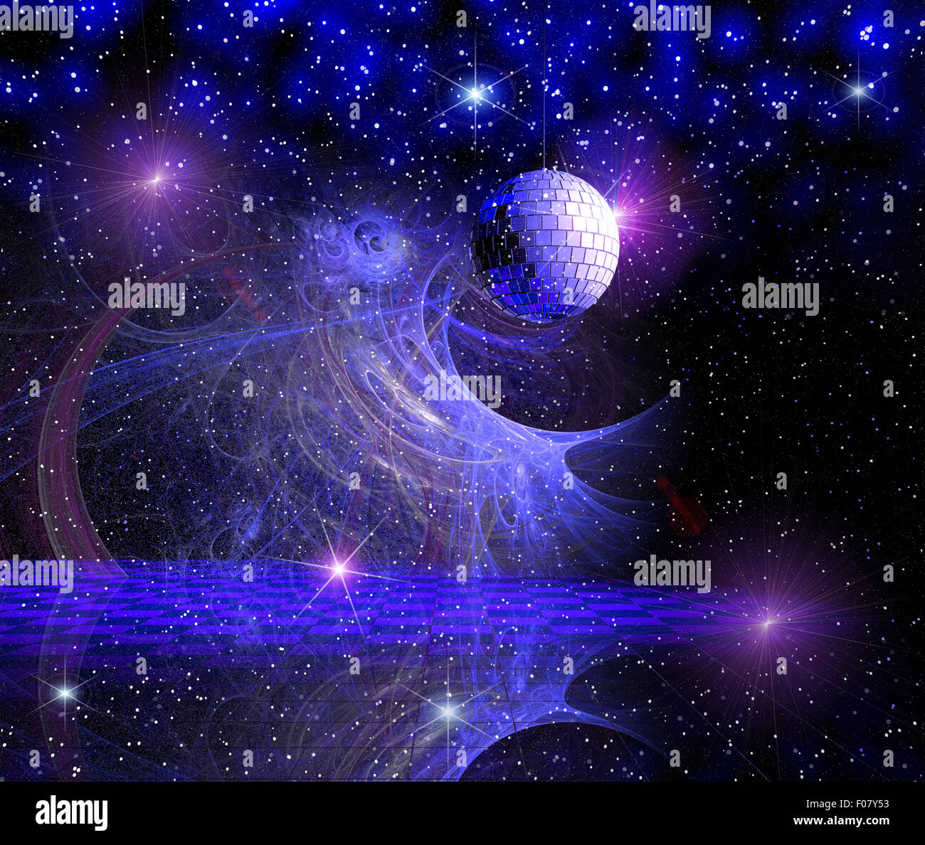 Abstract blue disco space background with shining mirror ball, stars ...