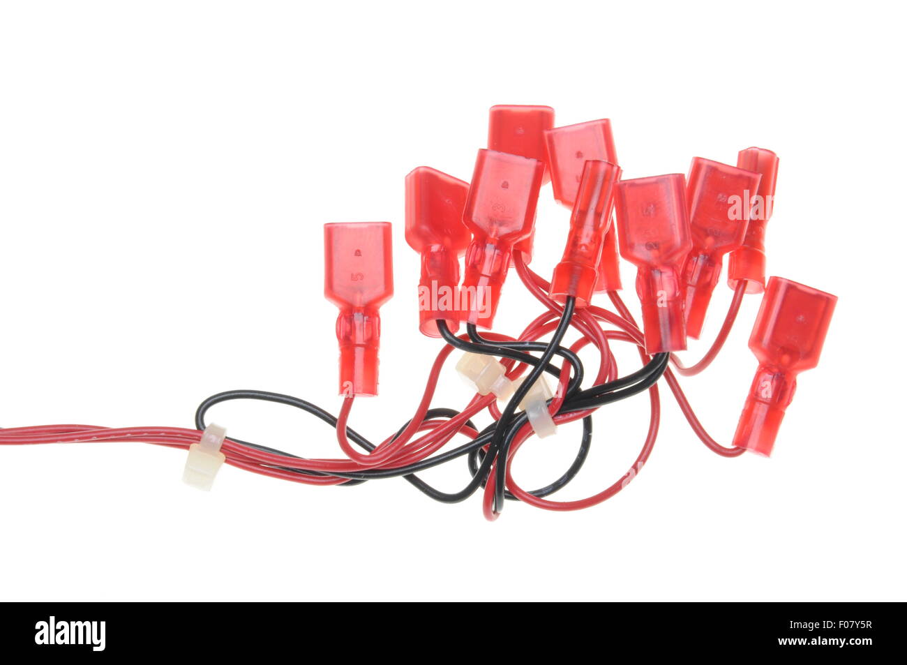 Electrical cables with red terminals isolated on white background Stock ...