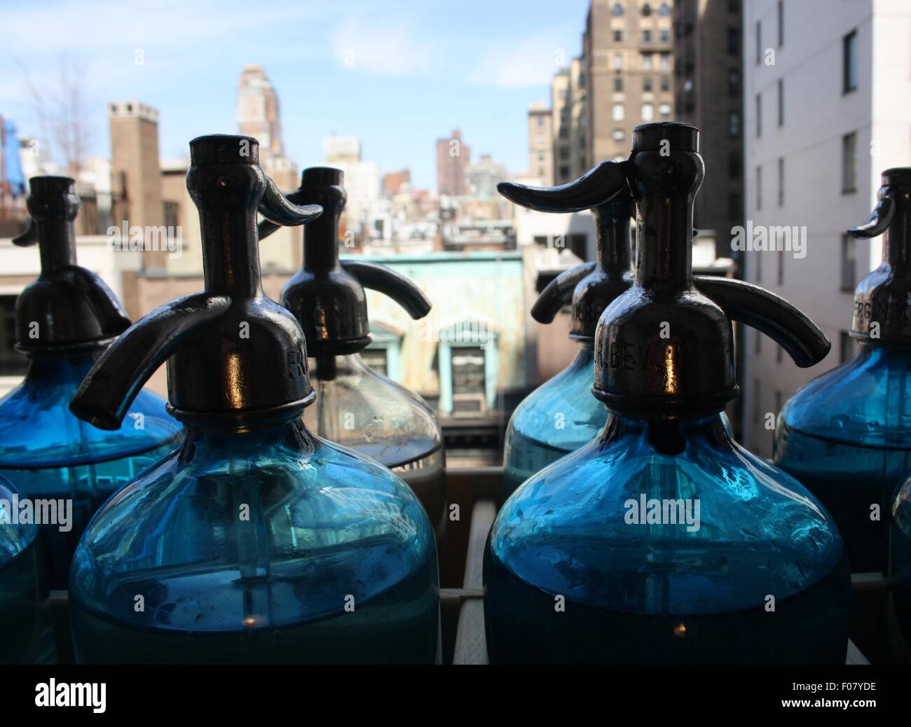 New York, USA. 28th July, 2015. Siphon seltzer bottles are seen at the ...