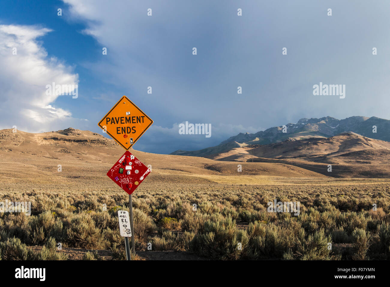 A battered road sign proclaims "Pavement Ends" while a panoply of ...
