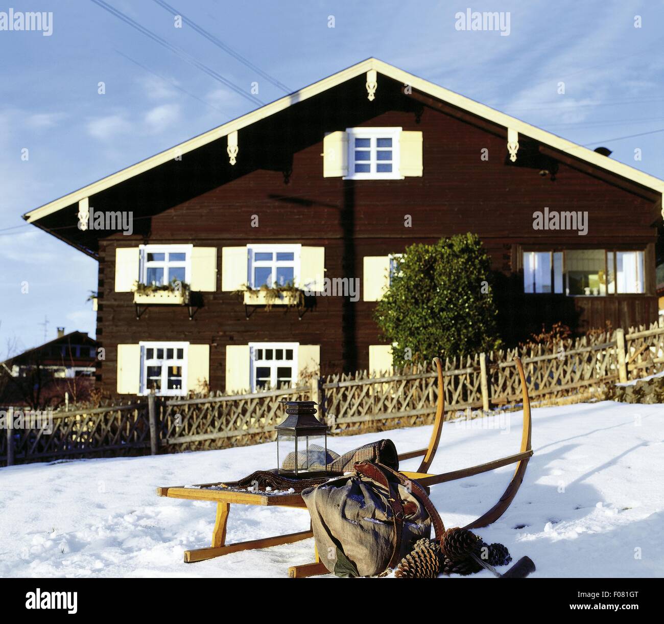 View of farmhouse and winter sled in Bavaria, Germany Stock Photo - Alamy