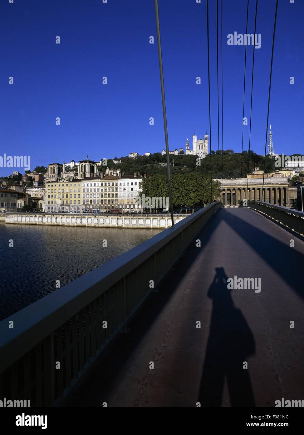 View of Basilica of Notre-Dame de Fourviere from bridge in Lyon, France ...
