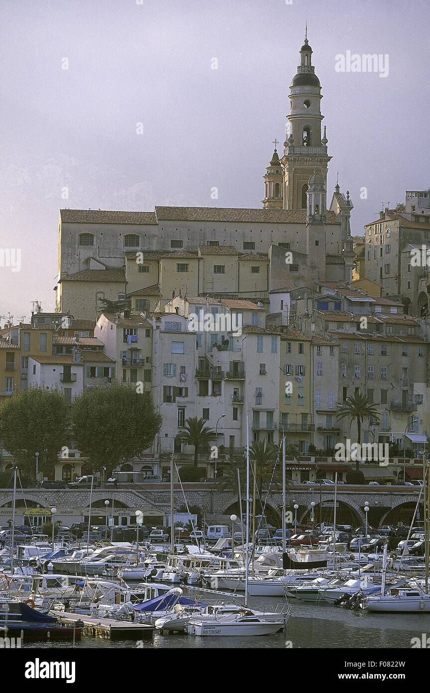 White church with yachts in harbour, Old Town of Menton Stock Photo - Alamy
