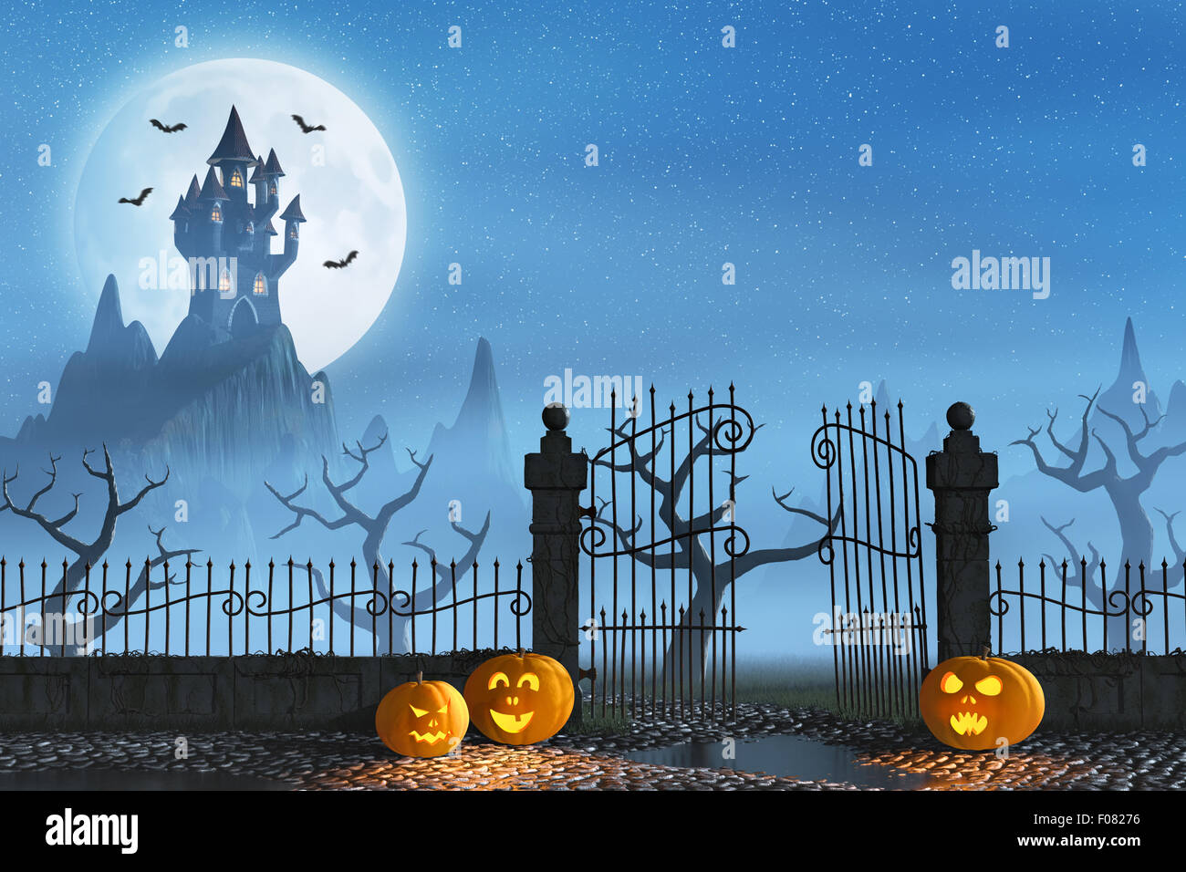 Jack O'Lanterns guarding an open gate leading to a spooky castle high ...
