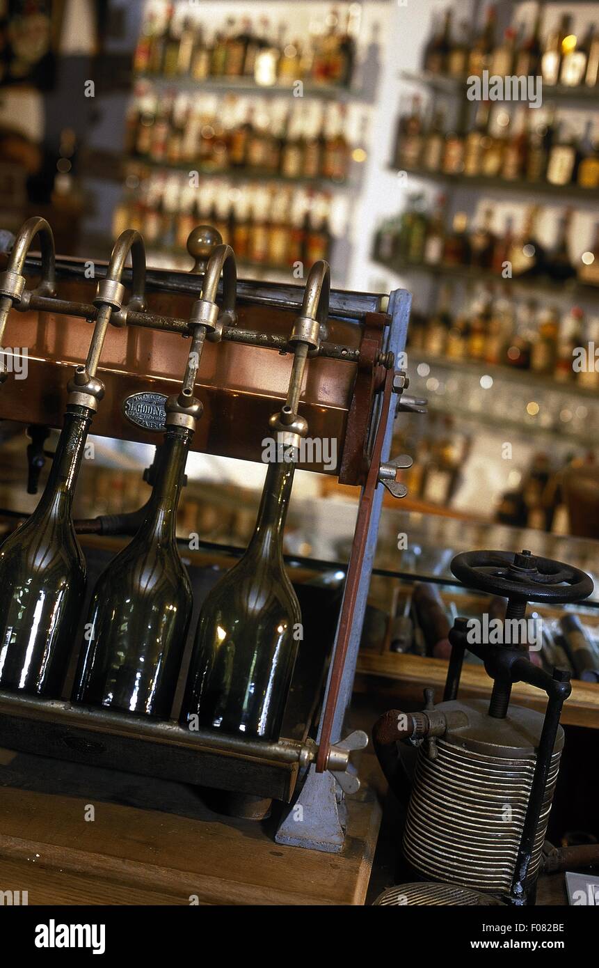 Old filling line for bottles at brandy Museum Lapoutroie, France Stock ...