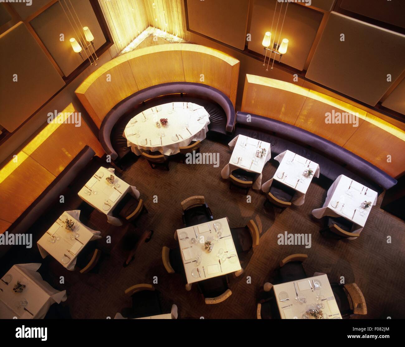 Laid tables in restaurant of Chambers Hotel, New York, Overhead view ...