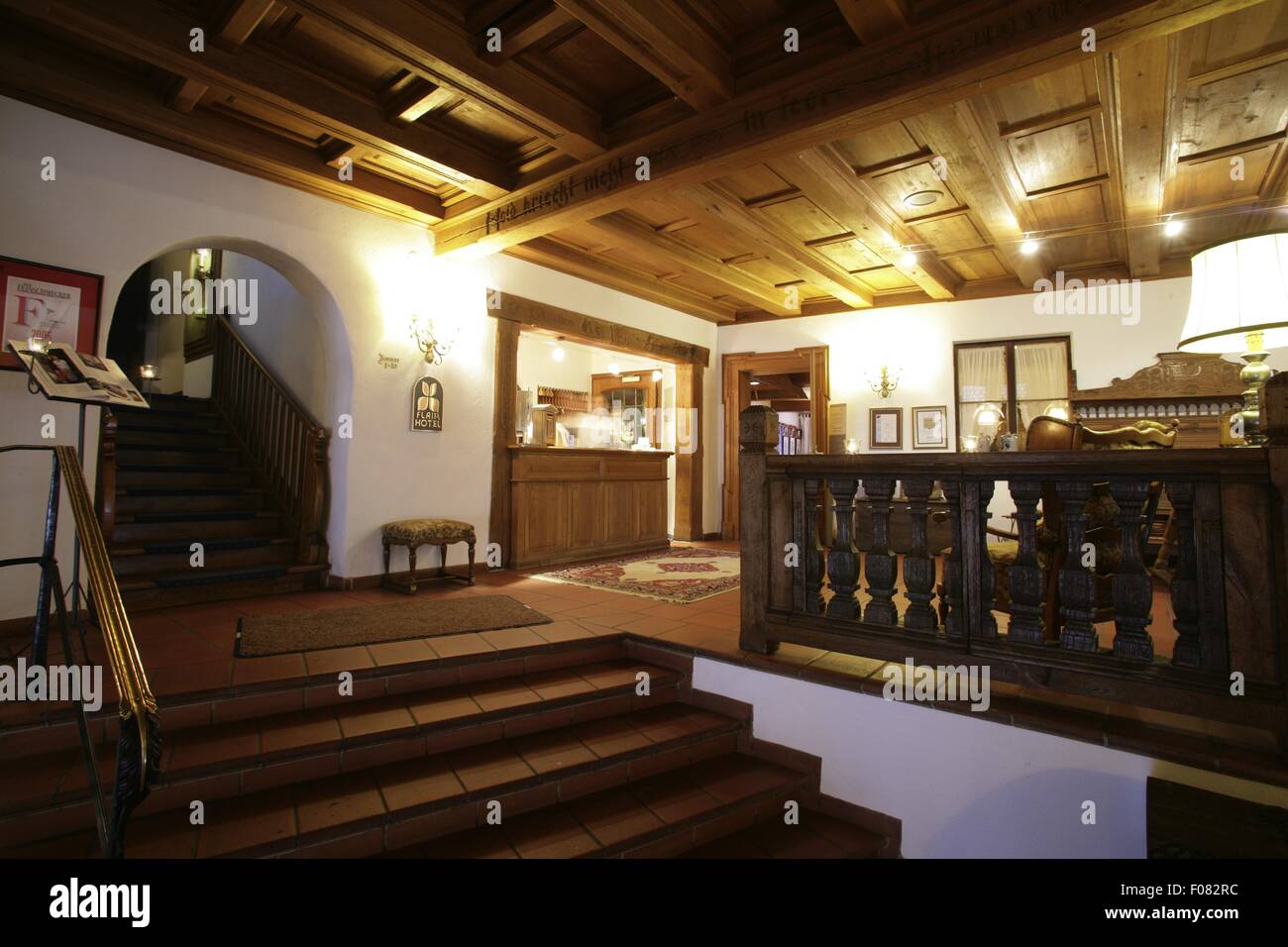 Interior of hotel with wooden staircase and ceiling, Germany Stock ...