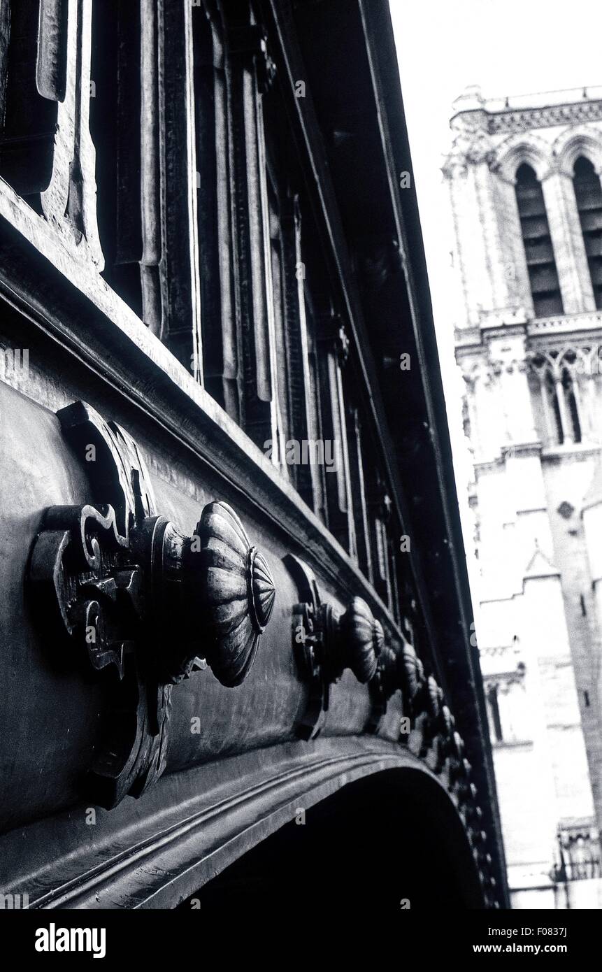 Close-up of archway with reliefs at Notre Dame Cathedral, Paris, France ...