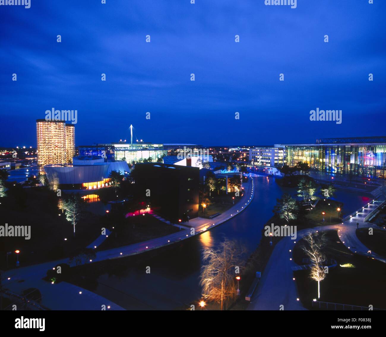 View of illuminated Autostadt museum at night, Wolfsburg, Germany Stock ...