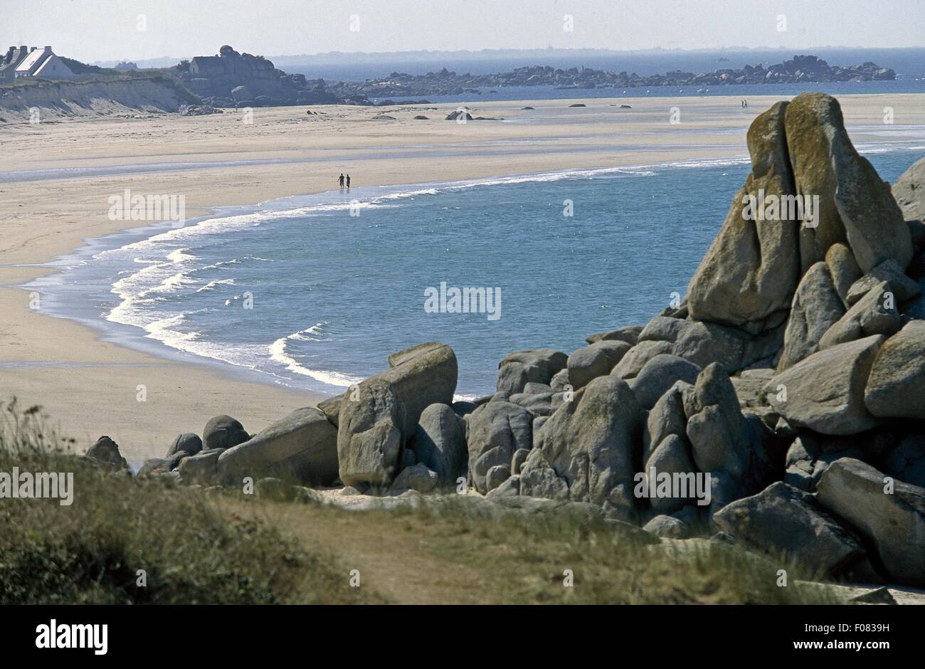 View of rocks overlooking the beach in Santec, Brittany, France Stock ...