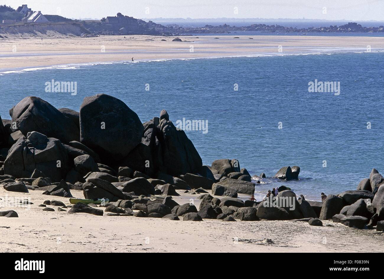 View of rocks overlooking the beach in Santec, Brittany, France Stock ...