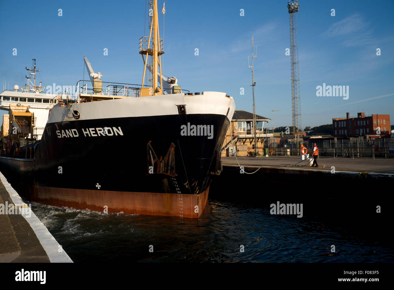 Dredger Sand Heron arriving in Shoreham Harbour lock, Sussex Stock ...