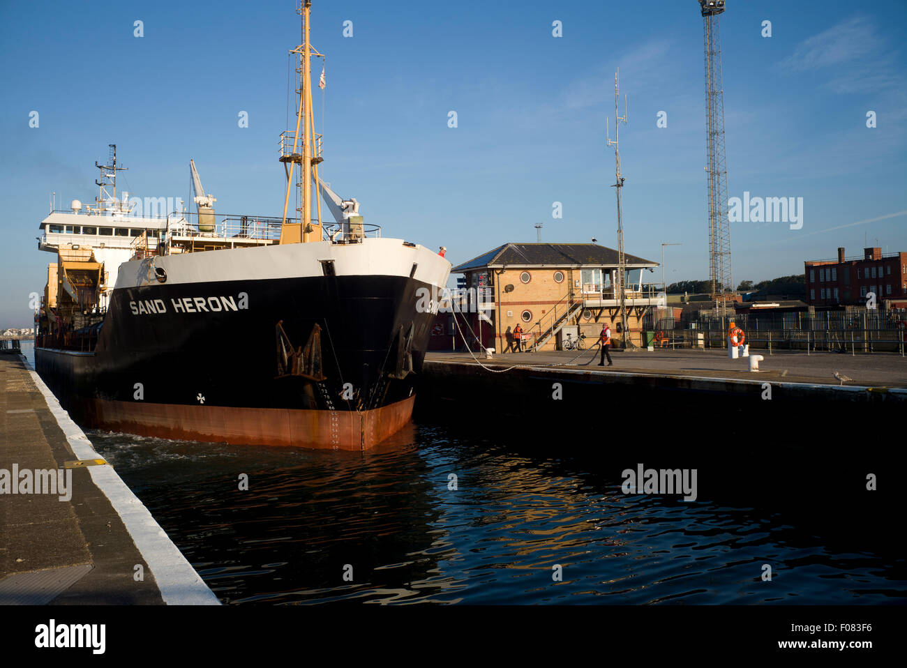 Dredger Sand Heron arriving in Shoreham Harbour lock, Sussex Stock ...
