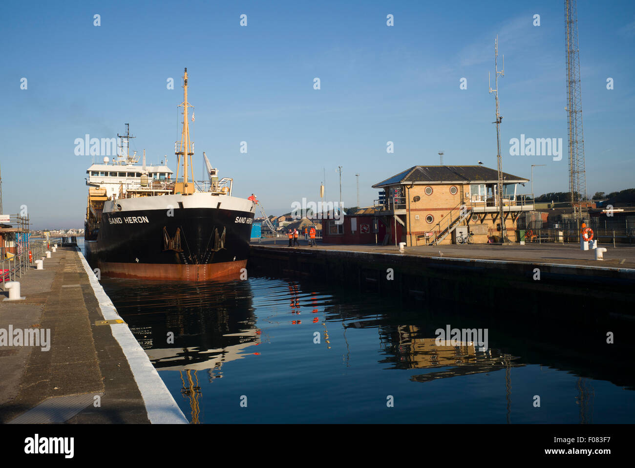 Dredger Sand Heron arriving in Shoreham Harbour lock, Sussex Stock ...