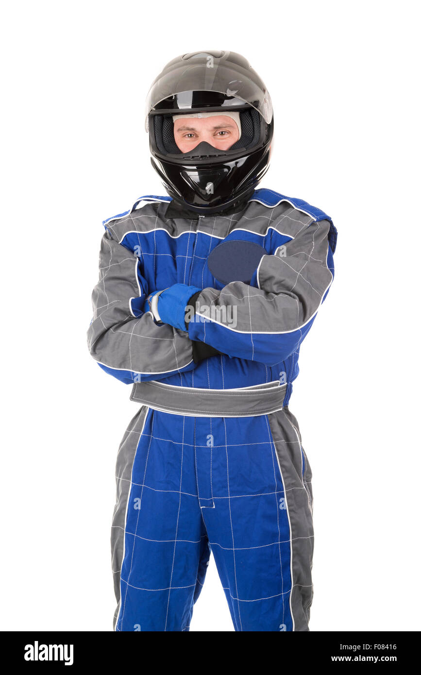 Racing driver posing with helmet isolated in white Stock Photo - Alamy