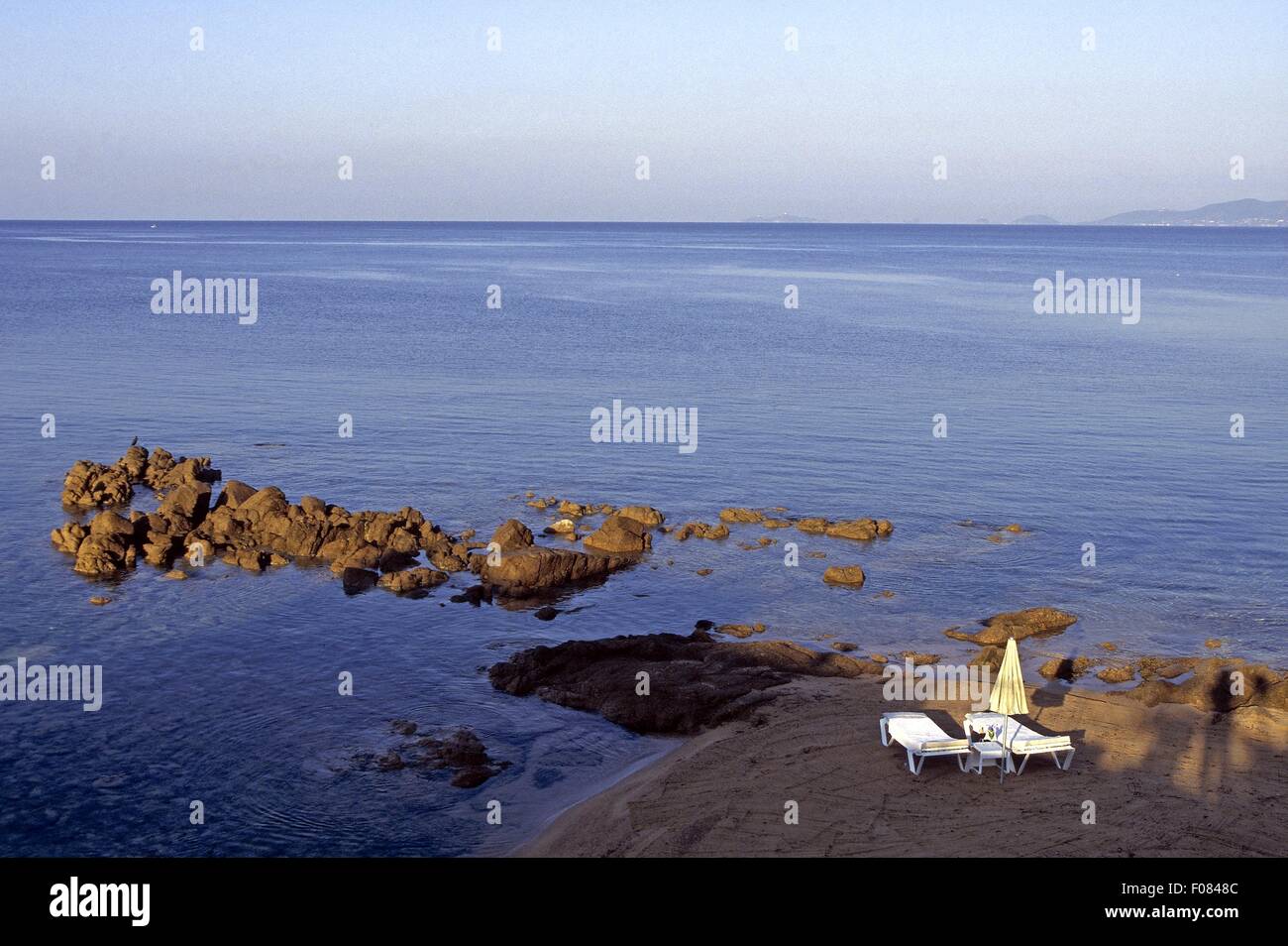 View of Porticcio beach and sea from Hotel Le Maquis in Calvi, Corsica ...
