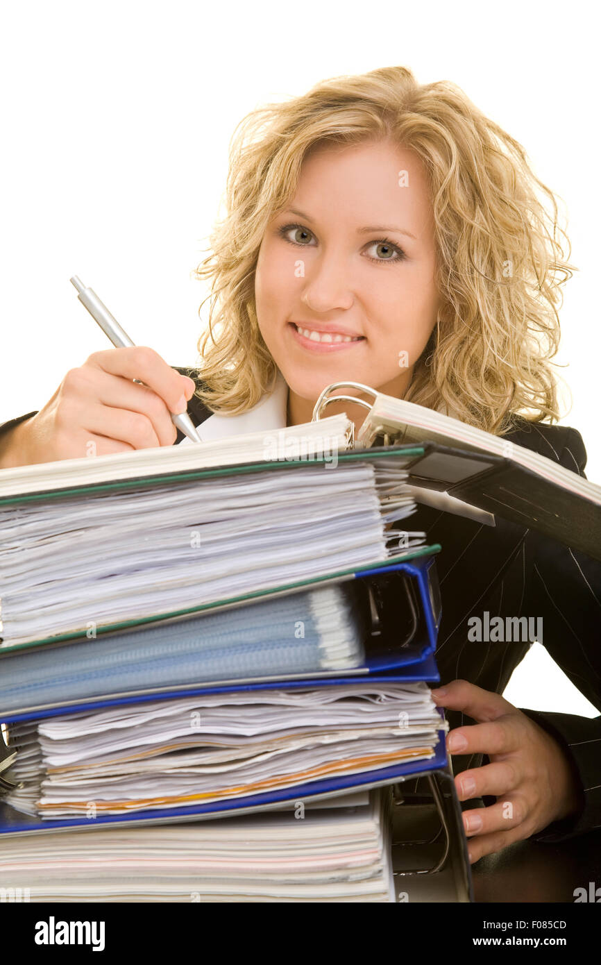 Business woman working on a stack of files Stock Photo - Alamy