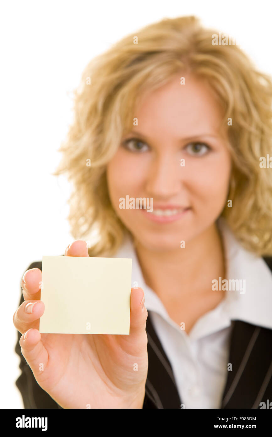 Blond smiling business woman holding some empty post-its Stock Photo ...