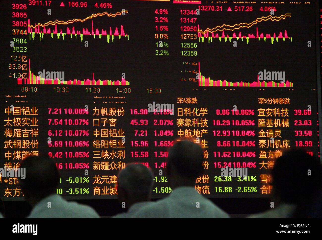 Shanghai, China. 10th Aug, 2015. Investors follow stock information at ...