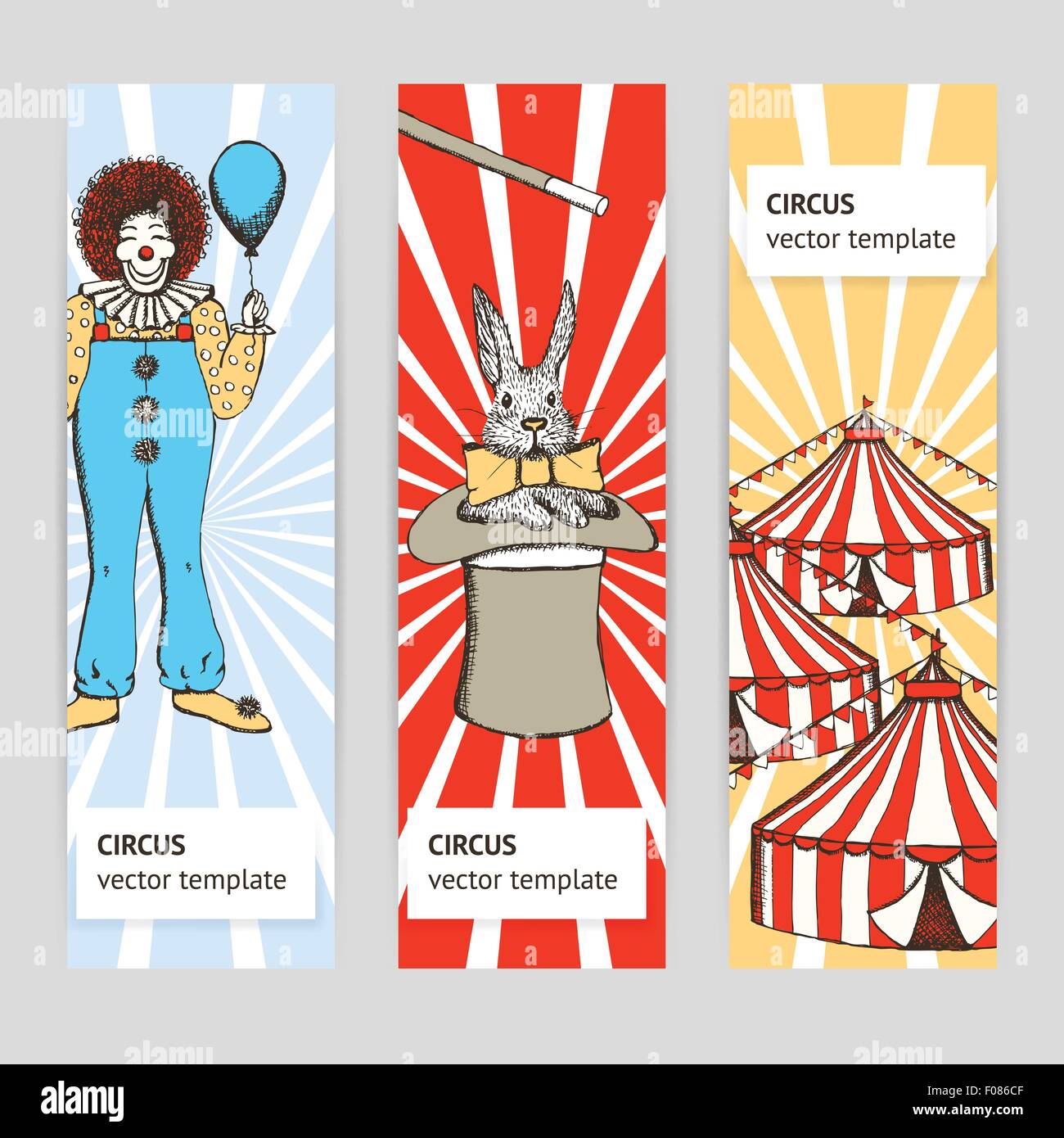 Sketch circus, rabbit and clown in vintage style, vector poster Stock ...
