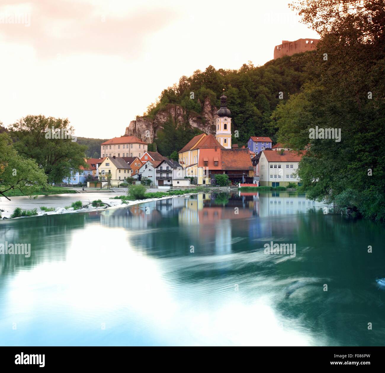 View of Naab river and medieval village of Kallmunz, Bavaria, Germany ...