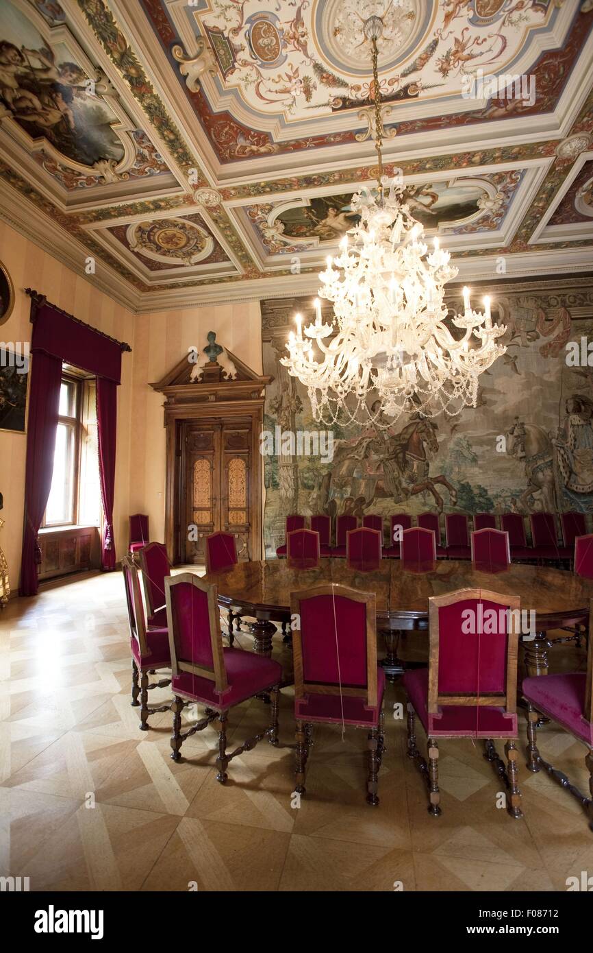 Large dining room with chandelier in St. Emmeram Castle in Regenburg ...