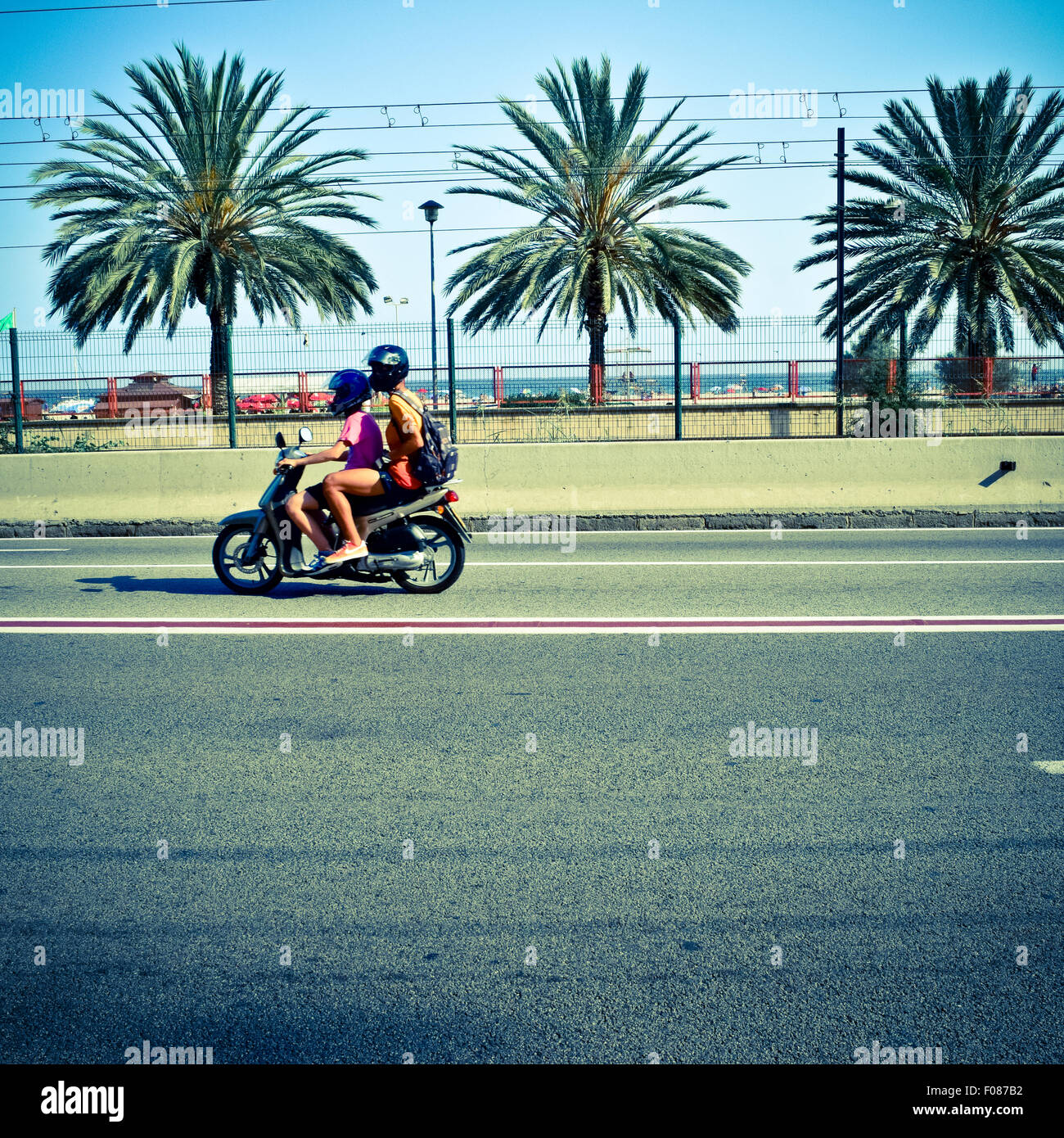 Motorcycle rider on road in action. Nacional II, Maresme, Barcelona ...