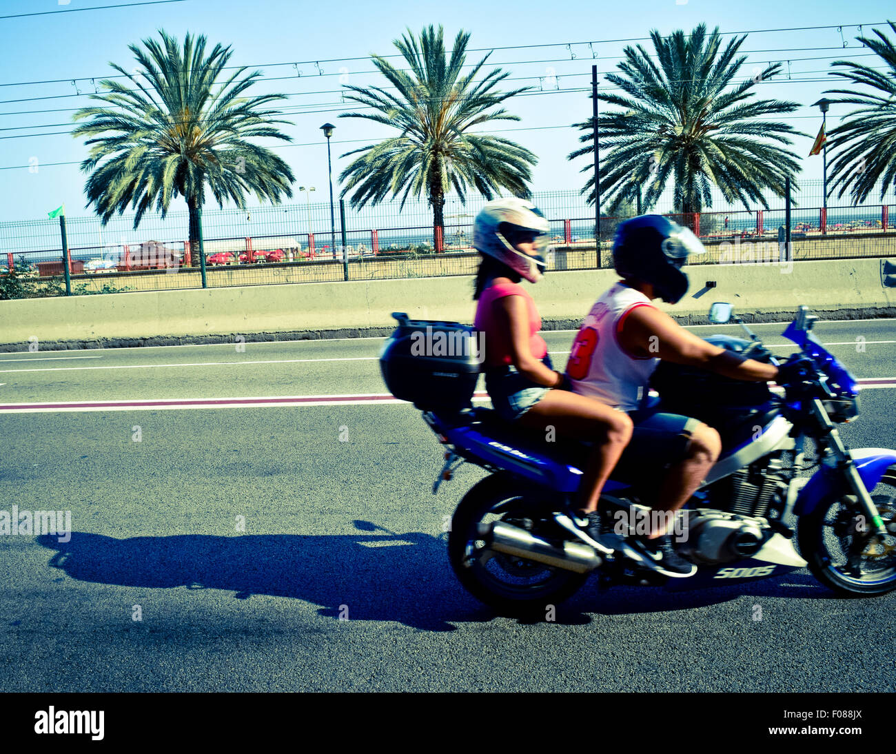 Motorcycle rider on road in action. Nacional II, Maresme, Barcelona ...