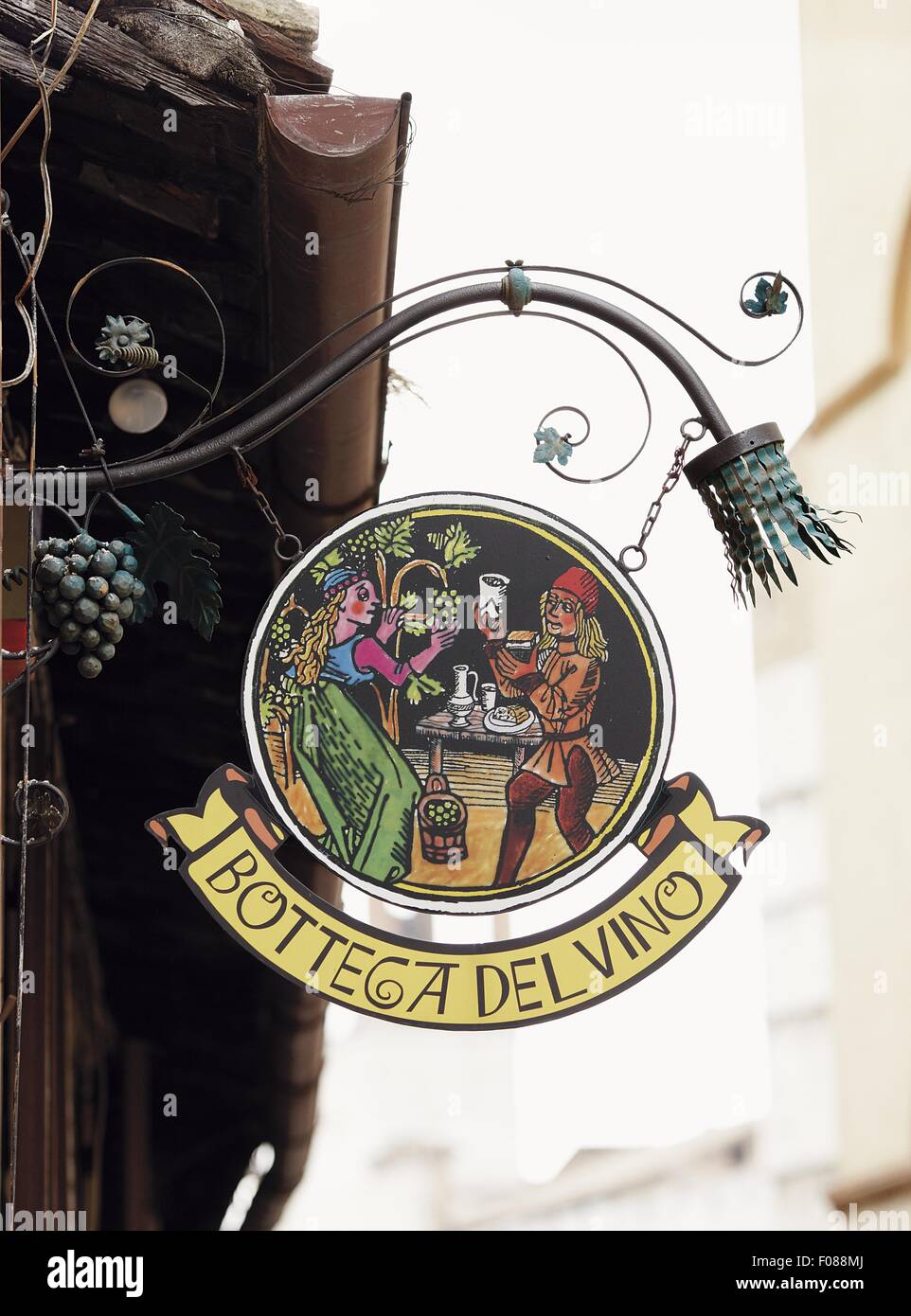 Close-up of Bottega del Vino historical shield at wine bar, Umbria ...