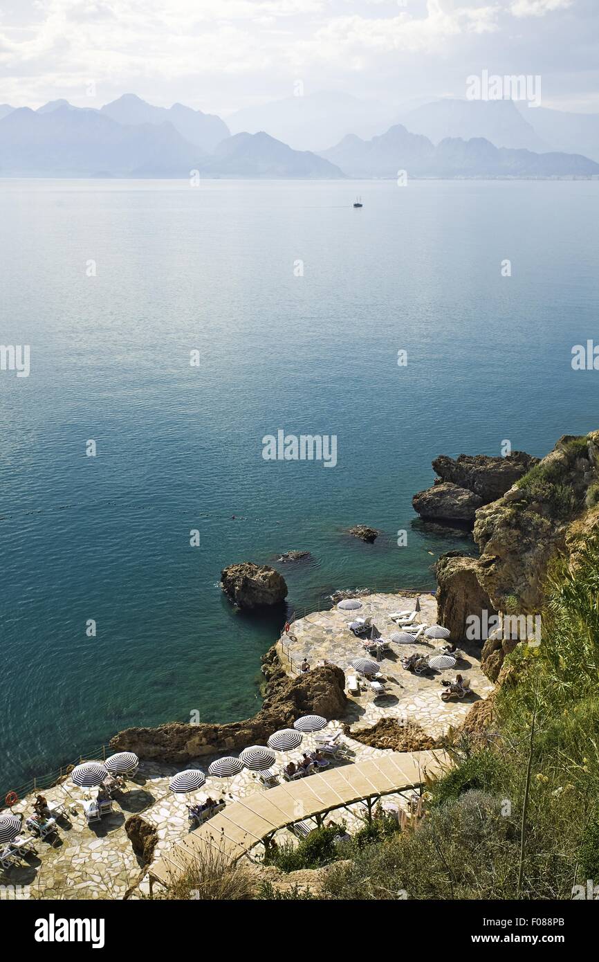 Elevated view of sea with mountains and cliffs in Antalya, Turkey Stock ...