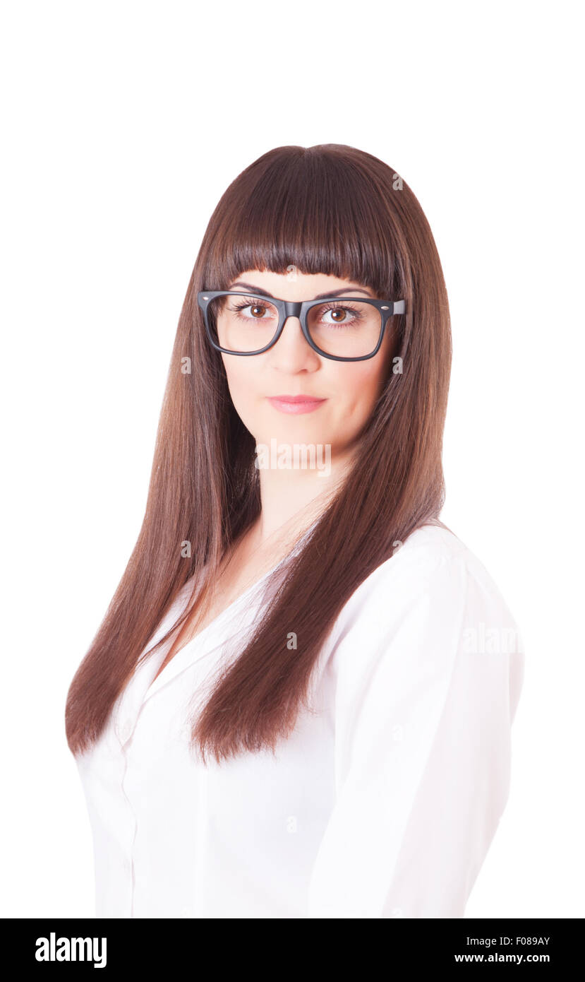 Woman in a white lab coat and glasses, isolated on white background ...