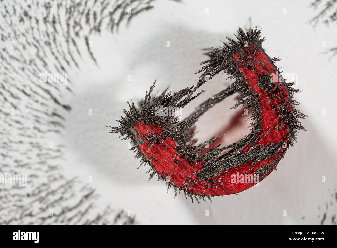 Attraction and repulsion iron metal particles align up along the ...