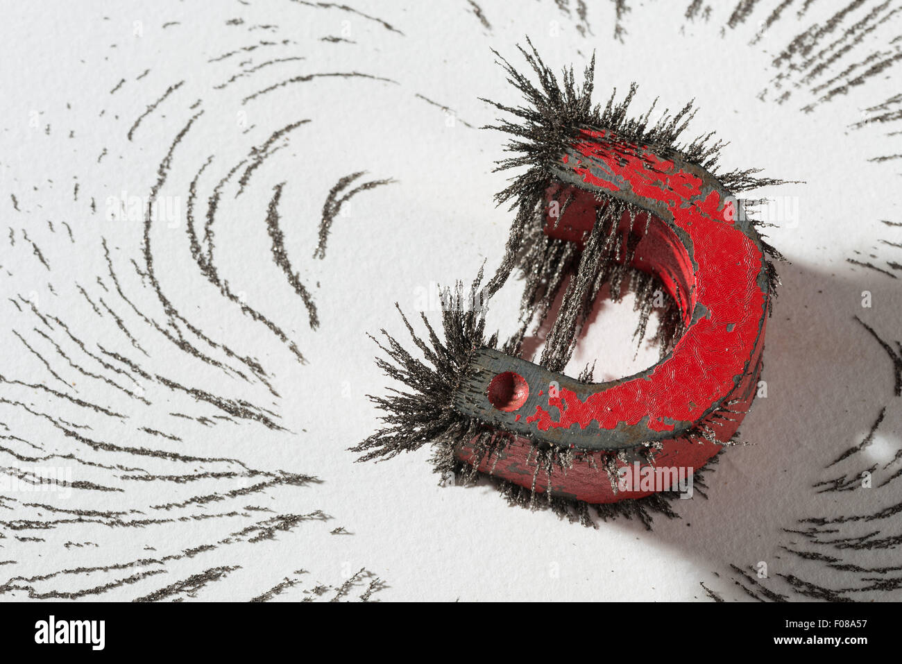 Attraction and repulsion iron metal particles align up along the ...