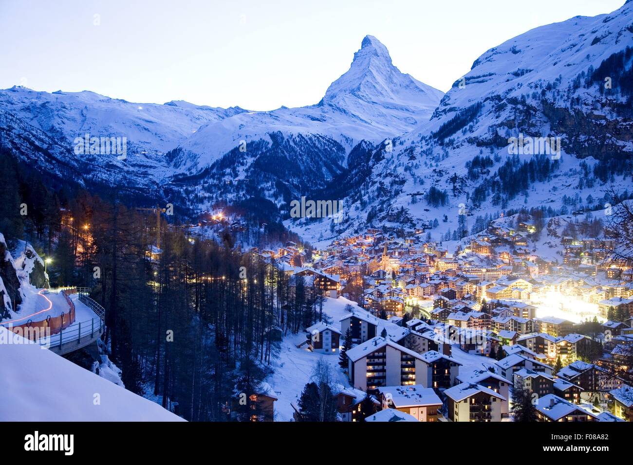 View of Zermatt town at dusk in Valais, Switzerland Stock Photo - Alamy